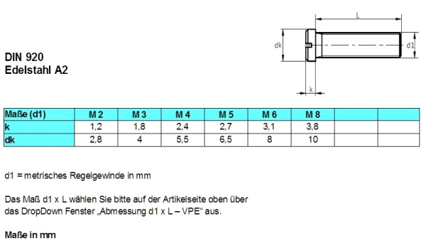 Flachkopfschraube DIN 920 | Edelstahl A2 | kleiner Kopf