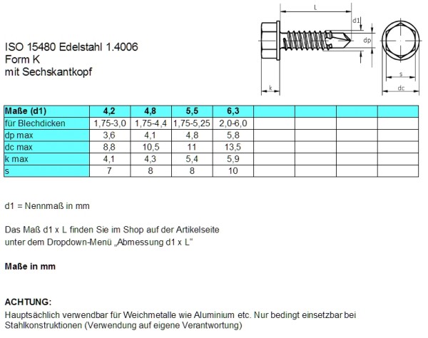 Bohrschrauben | Edelstahl 1.4006 | Sechskantkopf | Form K