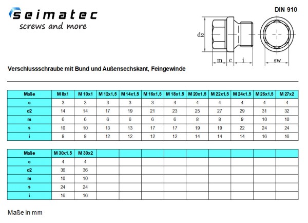 Ölablassschraube | DIN 910 | Verschlussschraube | Feingewinde