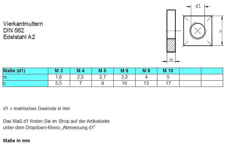 DIN 562 Vierkantmuttern • niedrige Form • aus Edelstahl A2