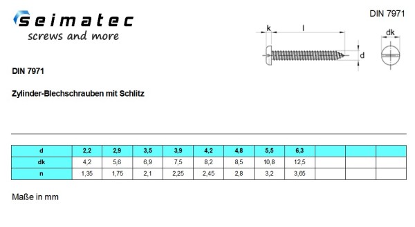Zylinder Blechschrauben Schlitz DIN 7971 seimatec
