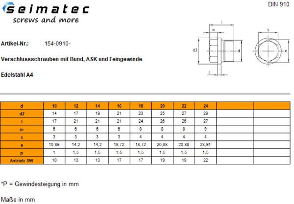 Ölablassschraube | Verschlussschraube DIN 910 | mit Bund