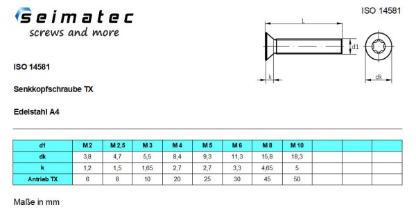 Senkschrauben • Innensechsrund • TX Antrieb • V4A