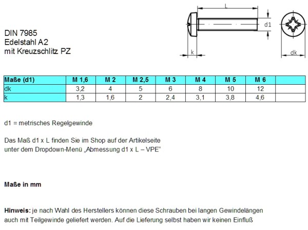 Linsenkopfschrauben Kreuzschlitz PZ A2 DIN 7985 einzeln