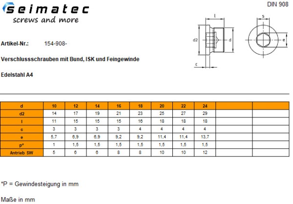 Verschlussschraube mit Bund DIN 908 A4 | schrauben-seimatec