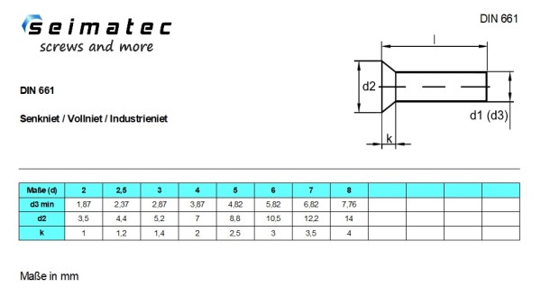 Senkkopfniet aus Edelstahl A2 DIN 661