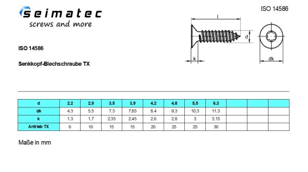 Blechschrauben Edelstahl A2 Senkkopf ISO 14586